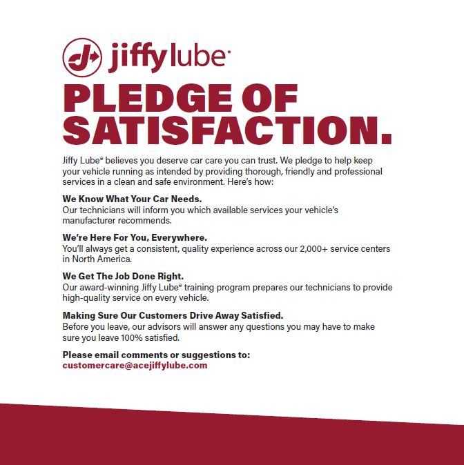 Lobby Poster - PLEDGE OF SATISFACTION – ACE-Jiffylube